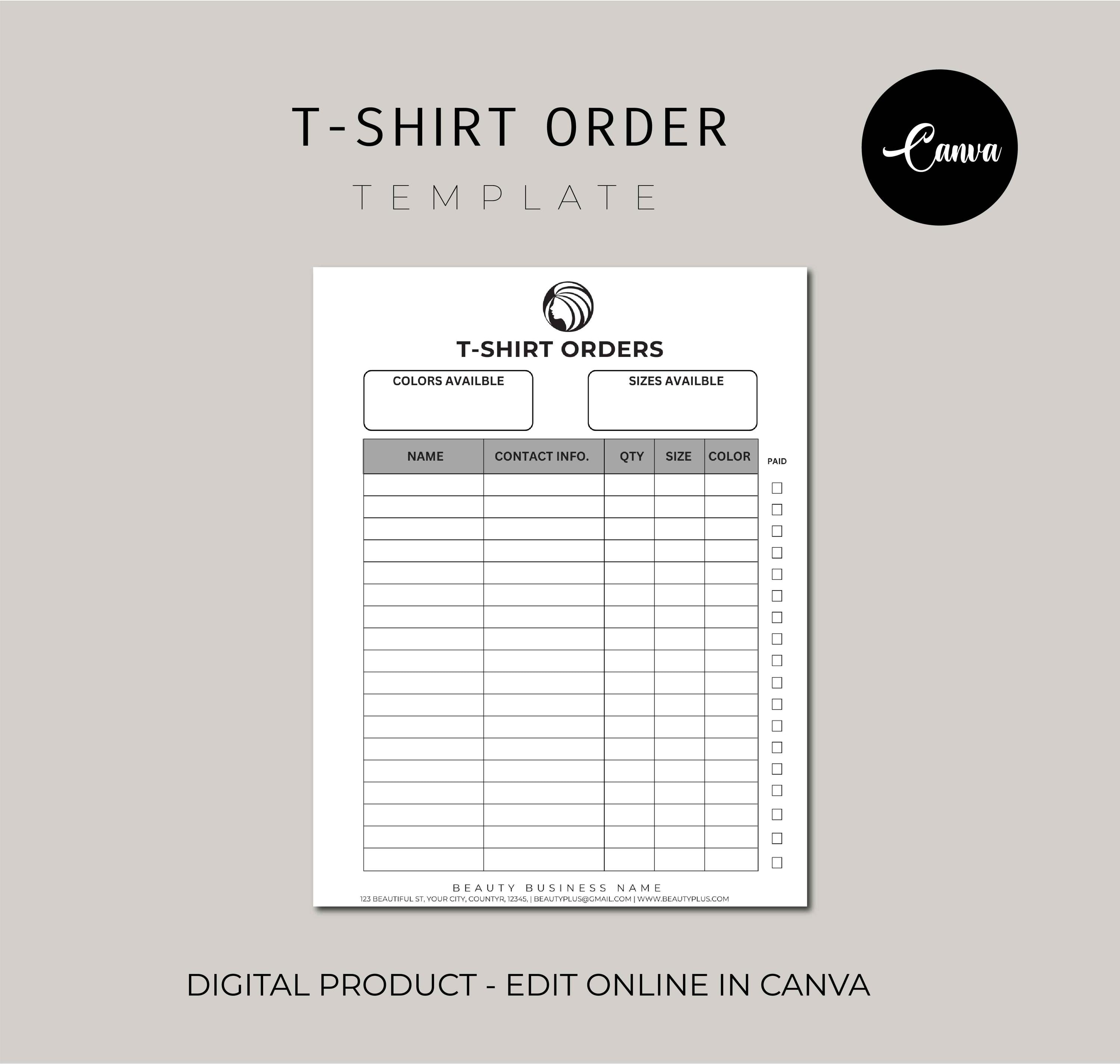 Editable T-shirt Order Form Template, Craft Order Form, Printable Small ...