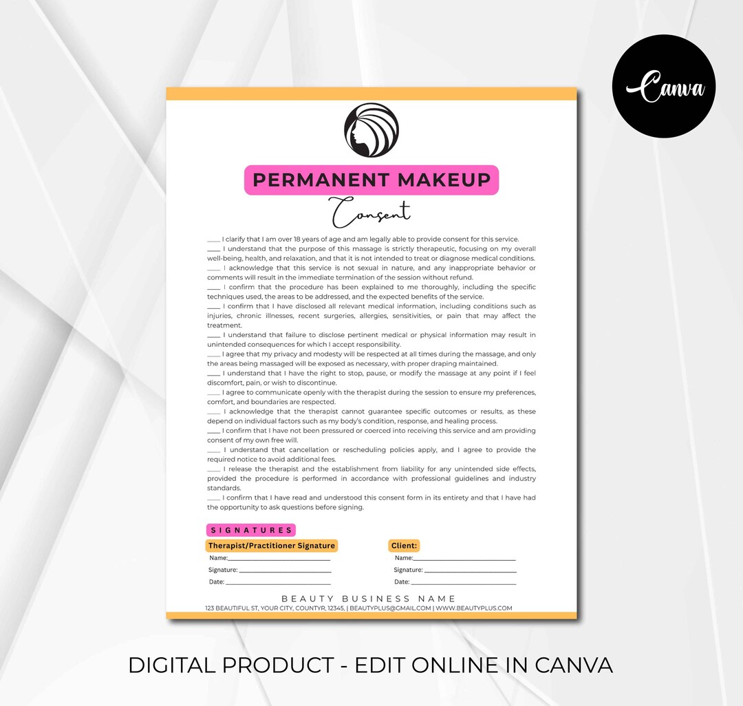 Editable PMU Consent Form Template, Permanent Makeup Forms, PMU Client ...