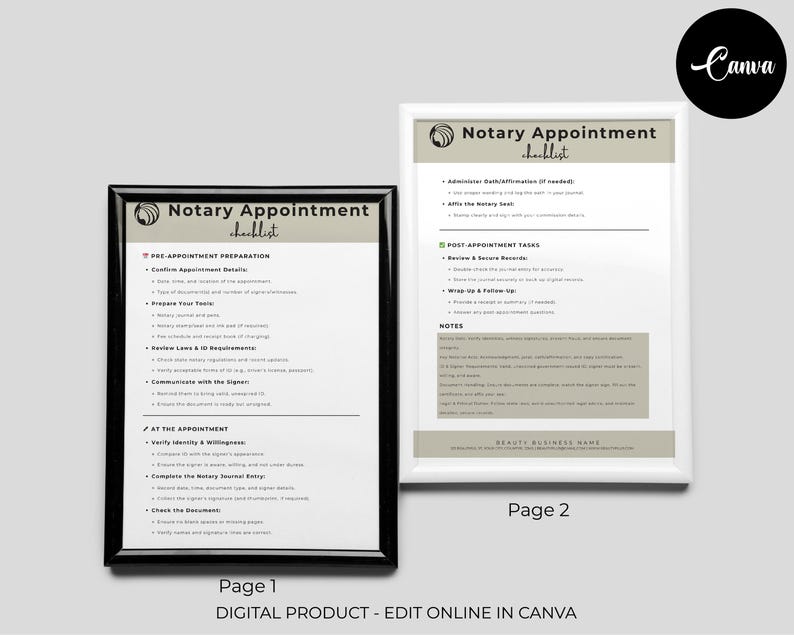Editable Notary Appointment Checklist, Notary Public Templates, Notary ...