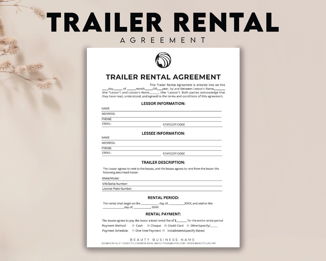Editable Trailer Rental Agreement, Trailer Lease Contract, Dump Trailer ...