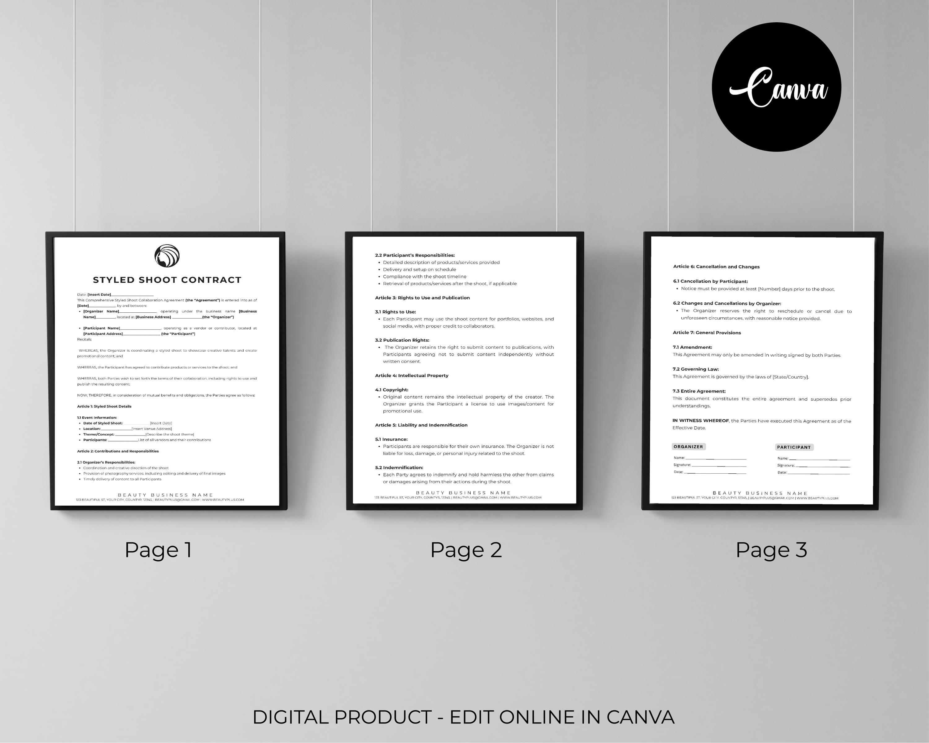 Styled Shoot Contract Template, Photo Shoot Contract, Styled Shoot ...
