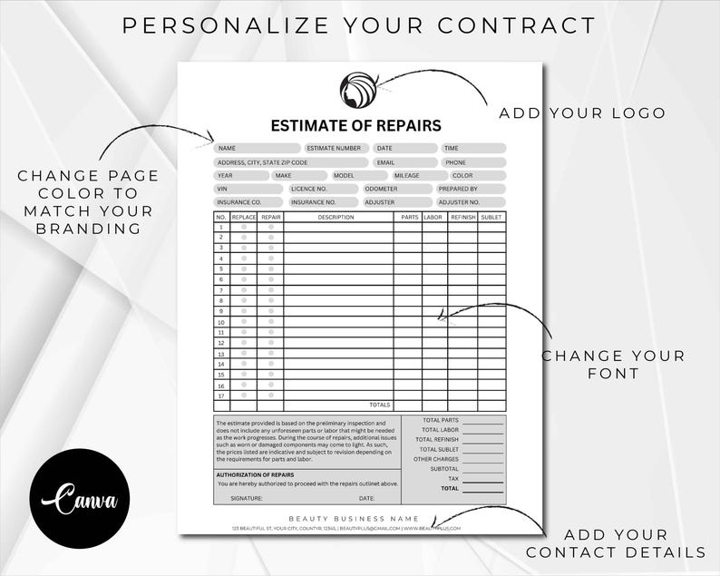 Editable Auto Body Repair Estimate Template, Canva Forms, Auto Repair ...