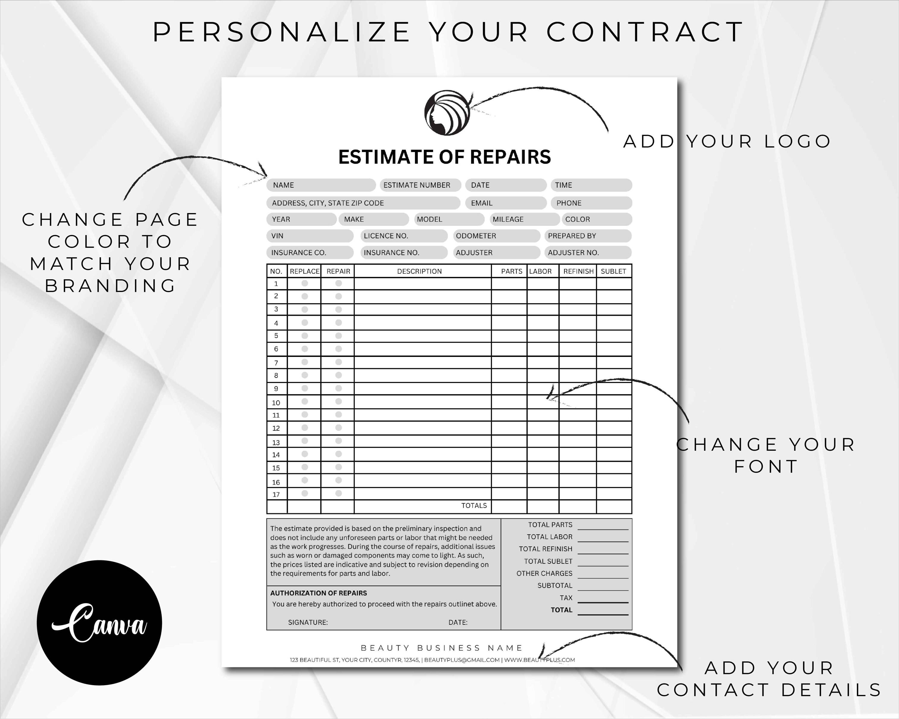 Editable Auto Body Repair Estimate Template, Canva Forms, Auto Repair ...