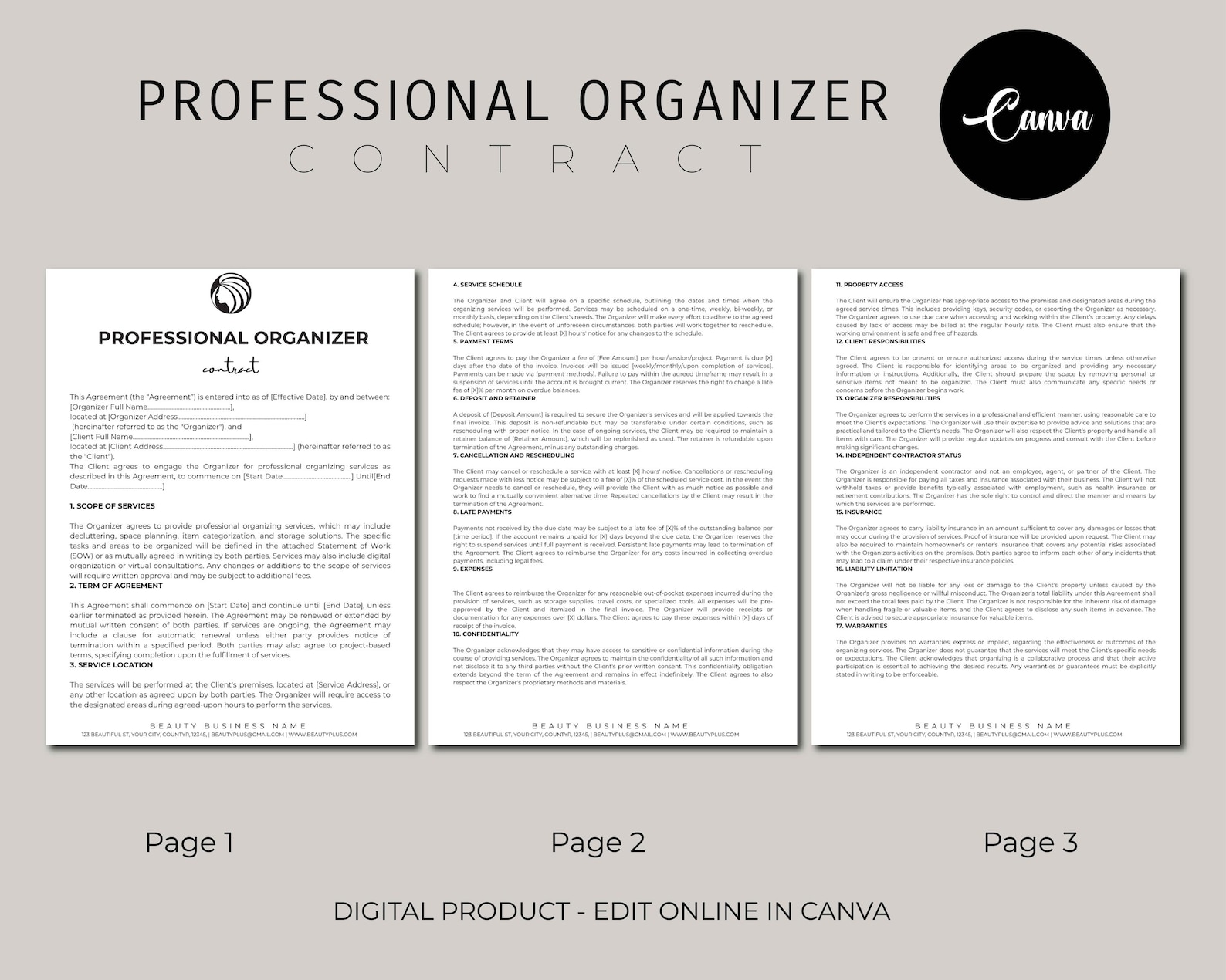 Editable Professional Organizer Contract Template, Organizing Service ...