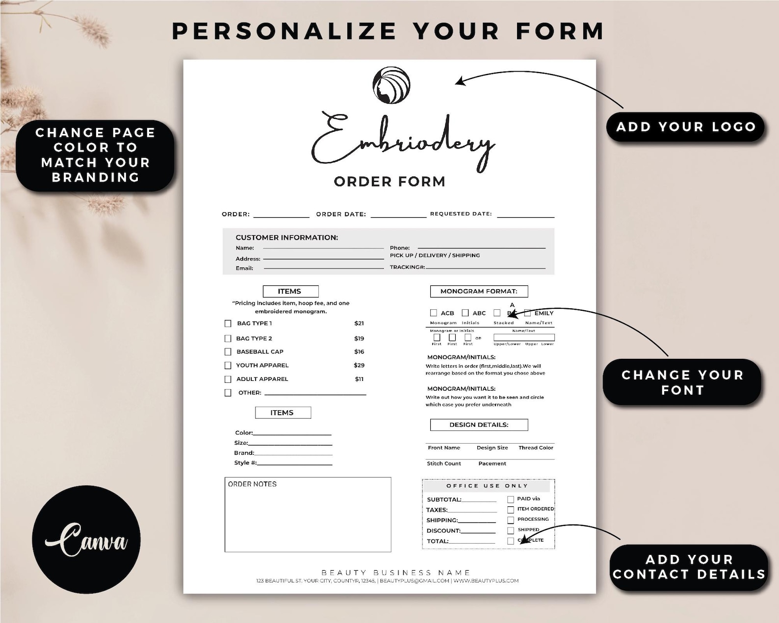 Embroidery Order Form Template, Custom Embroidery Order Form ...