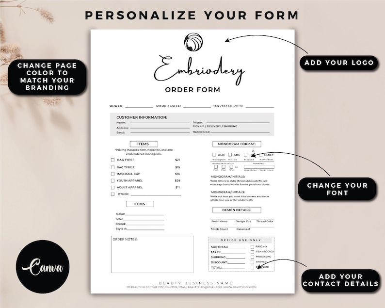 Embroidery Order Form Template, Custom Embroidery Order Form ...