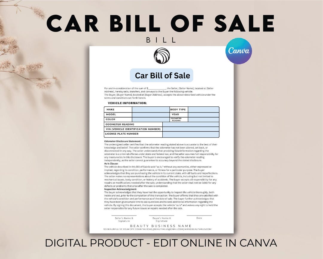 Motor Vehicle Bill of Sale, Auto Bill of Sale, Printable Car Sale Form ...