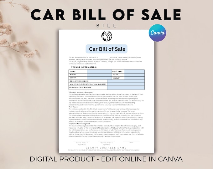 Motor Vehicle Bill of Sale. Printable Car Sale Form. Bill of Sale Form ...