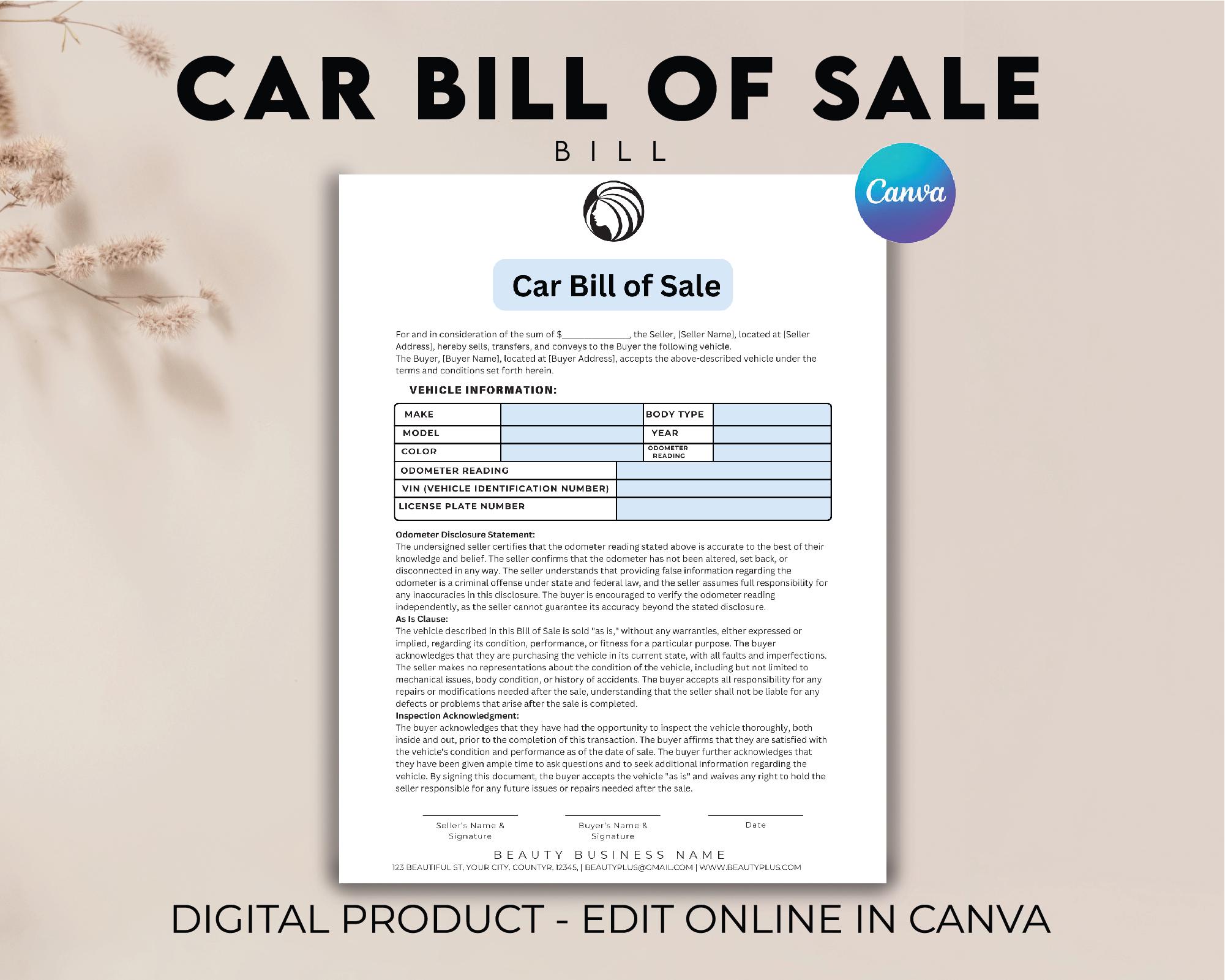 Motor Vehicle Bill of Sale, Auto Bill of Sale, Printable Car Sale Form ...