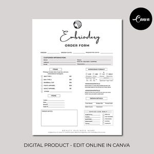 Embroidery Order Form Template, Embroidery Order Contract, Custom ...