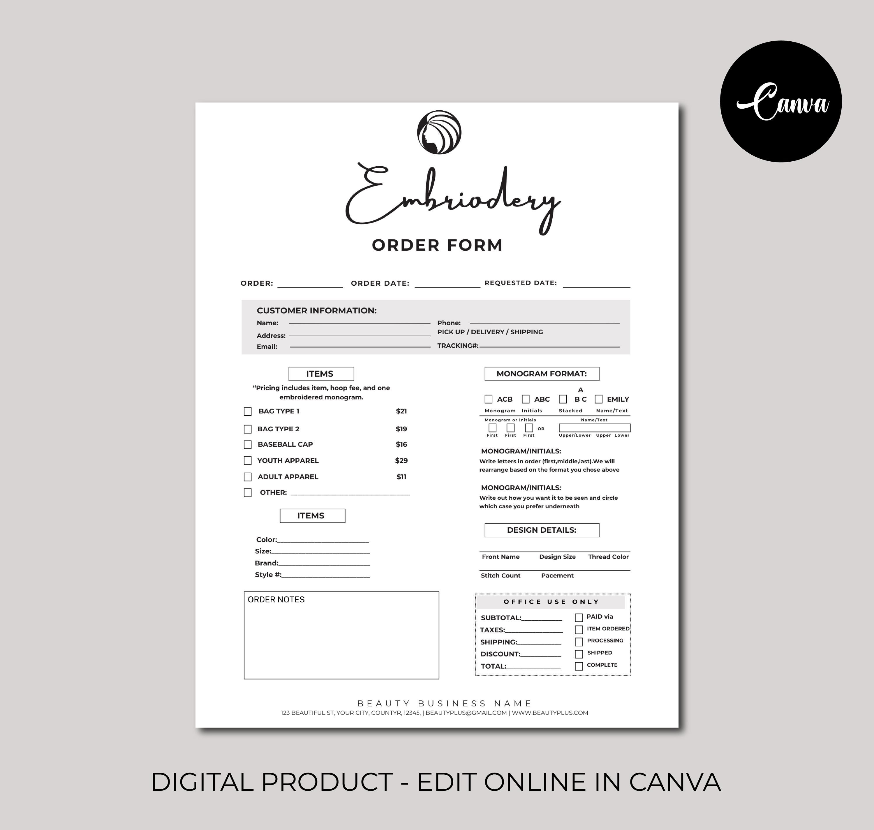 Embroidery Order Form Template, Embroidery Order Contract, Custom ...