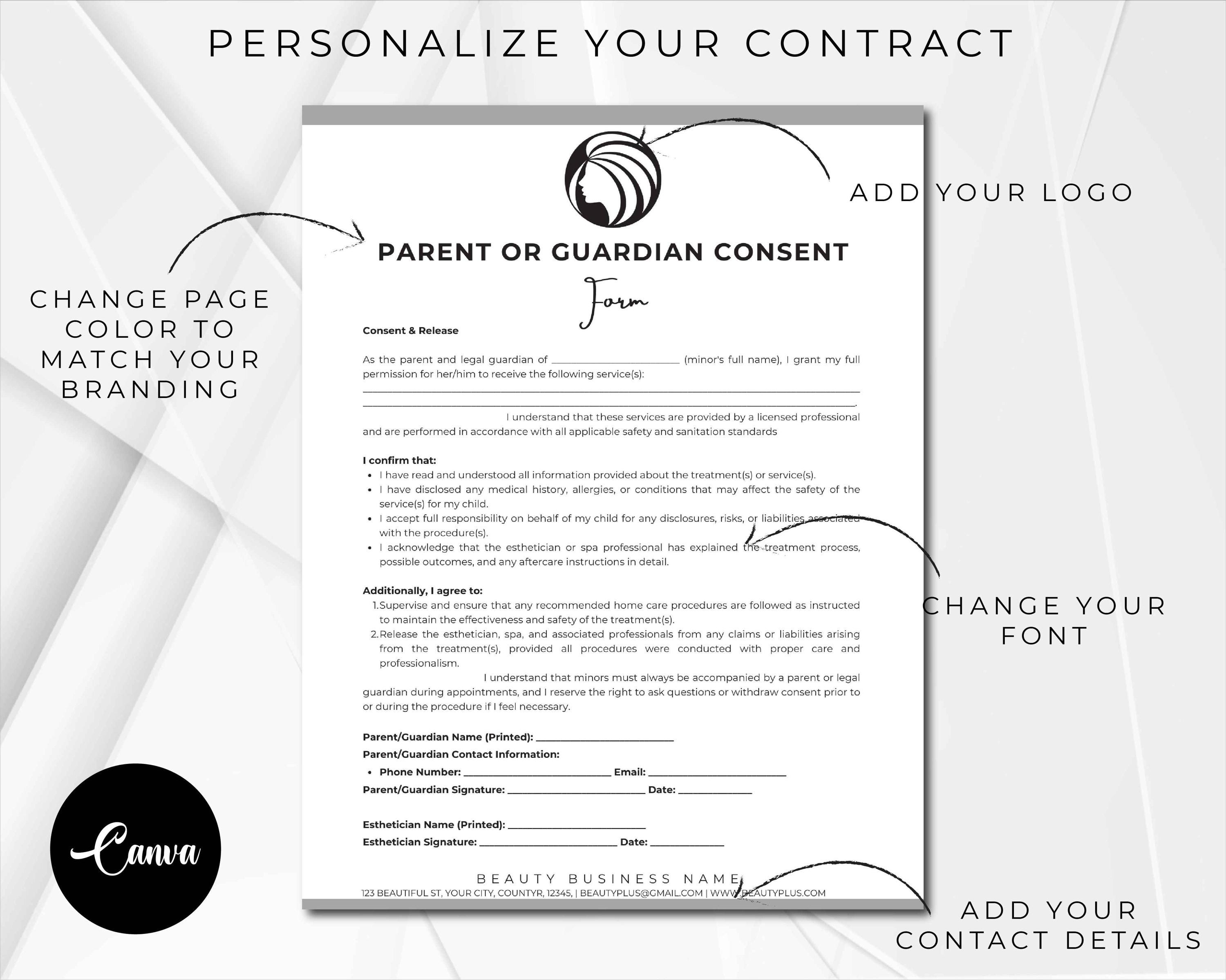 Parental Consent Form for Estheticians and Med Spas, Facials, Lashes ...