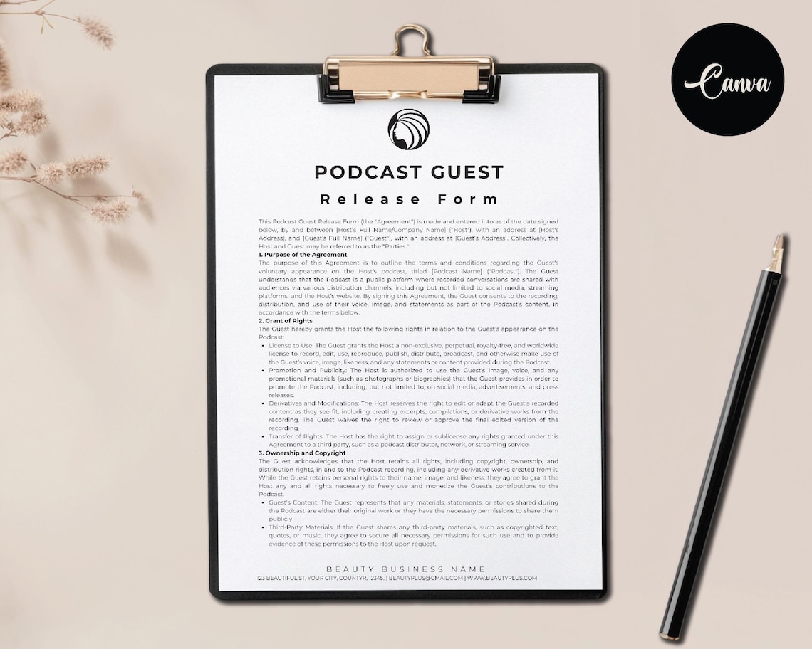 Podcast Guest Release Form, Podcast Guest Contract, Release Form ...