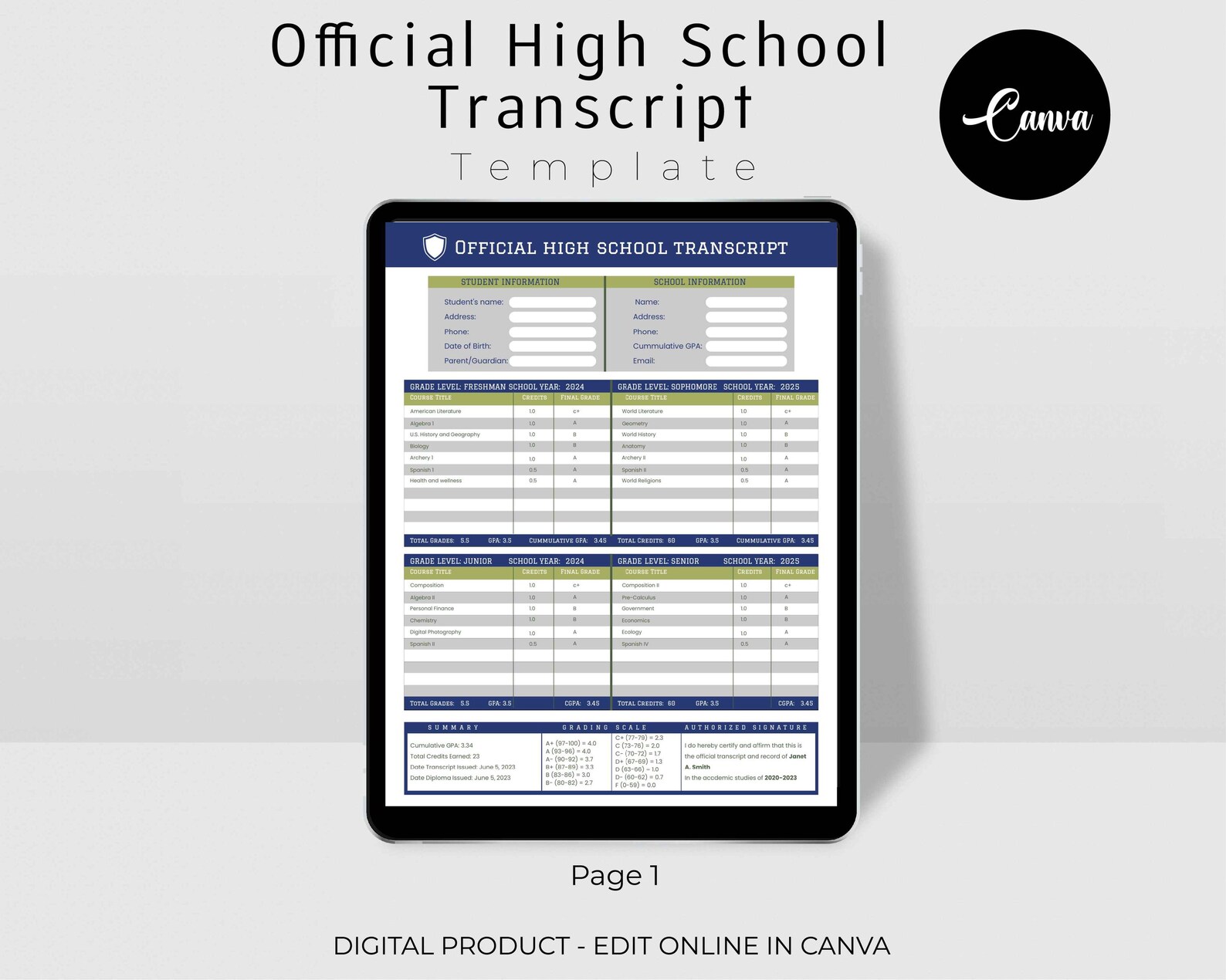 Editable High School Transcript, Homeschool Transcript, Editable Home ...