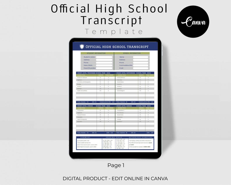 Editable High School Transcript, Homeschool Transcript, Editable Home ...