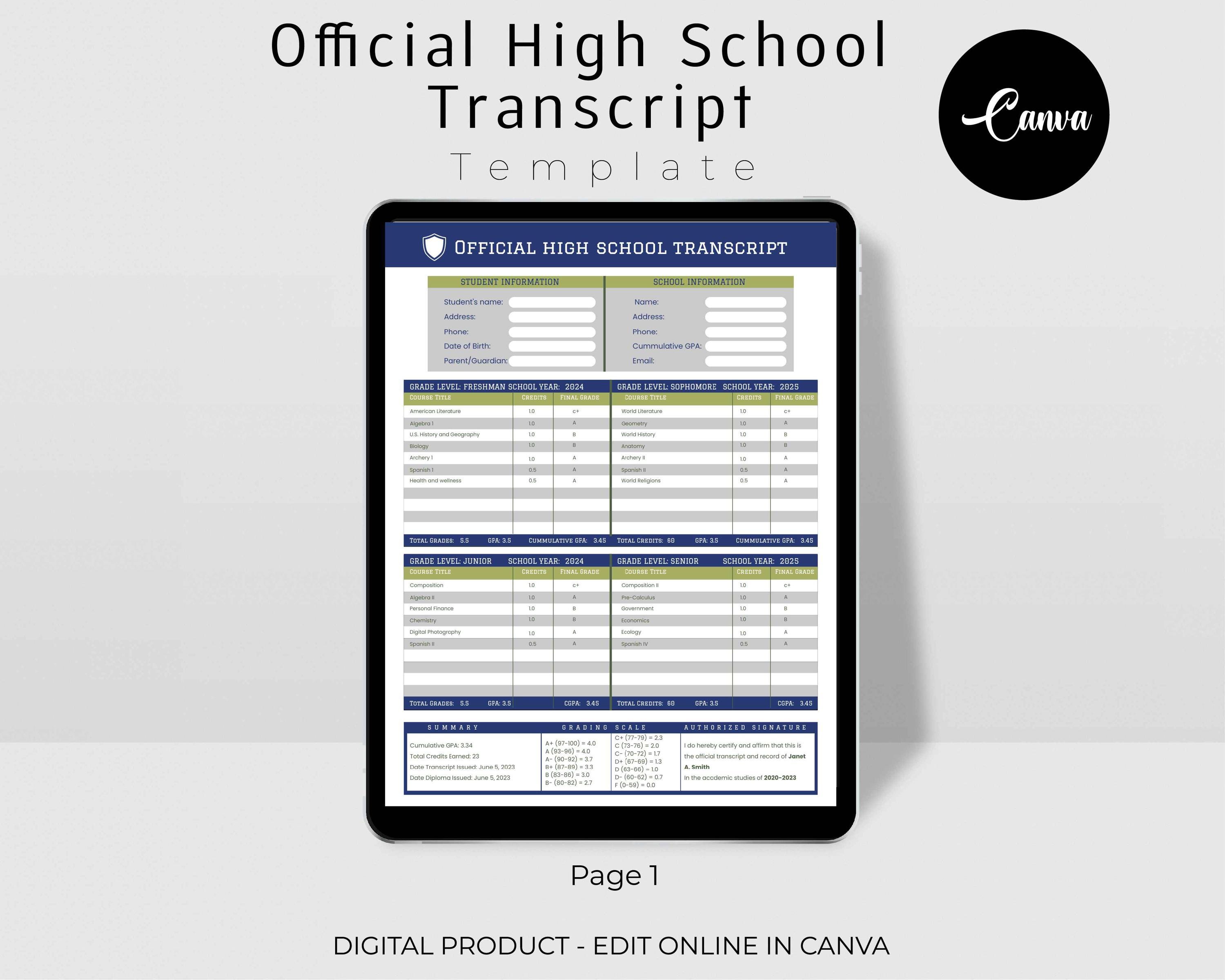 Editable High School Transcript, Homeschool Transcript, Editable Home ...