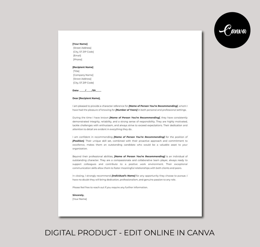 Professional Character Reference Letter, Editable Character ...