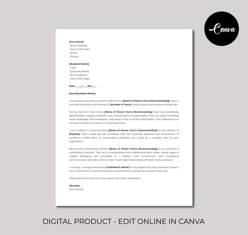 Professional Character Reference Letter, Editable Character Recommendation Letter, Character ...