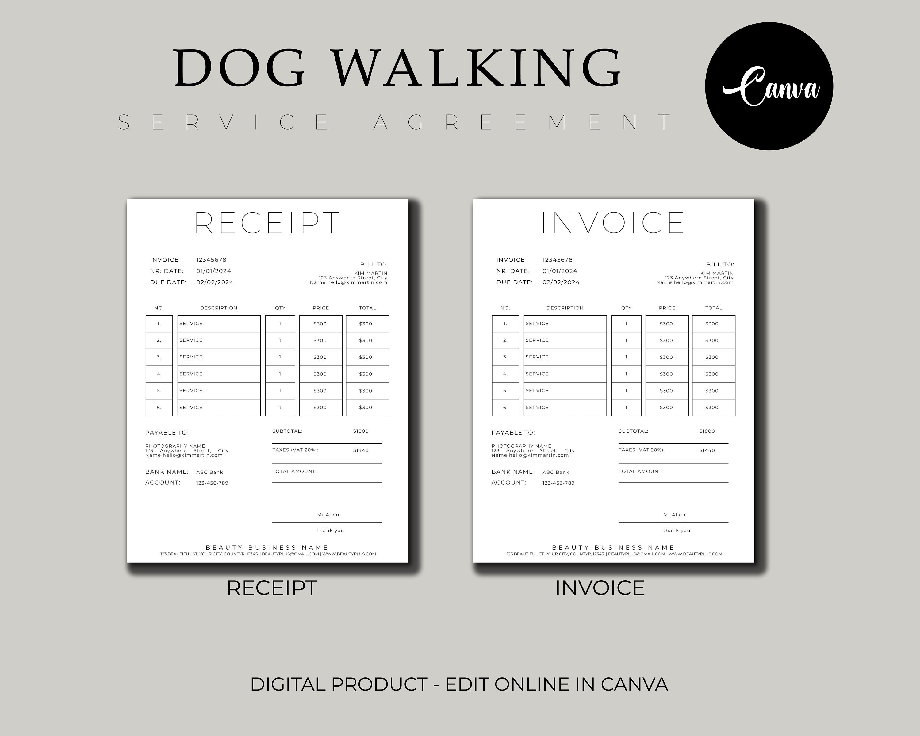 Dog Walking Service Agreement/contract Template, Invoice, Editable ...