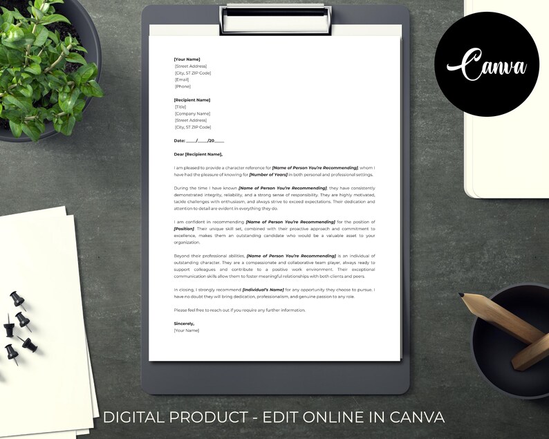 Professional Character Reference Letter, Editable Character ...