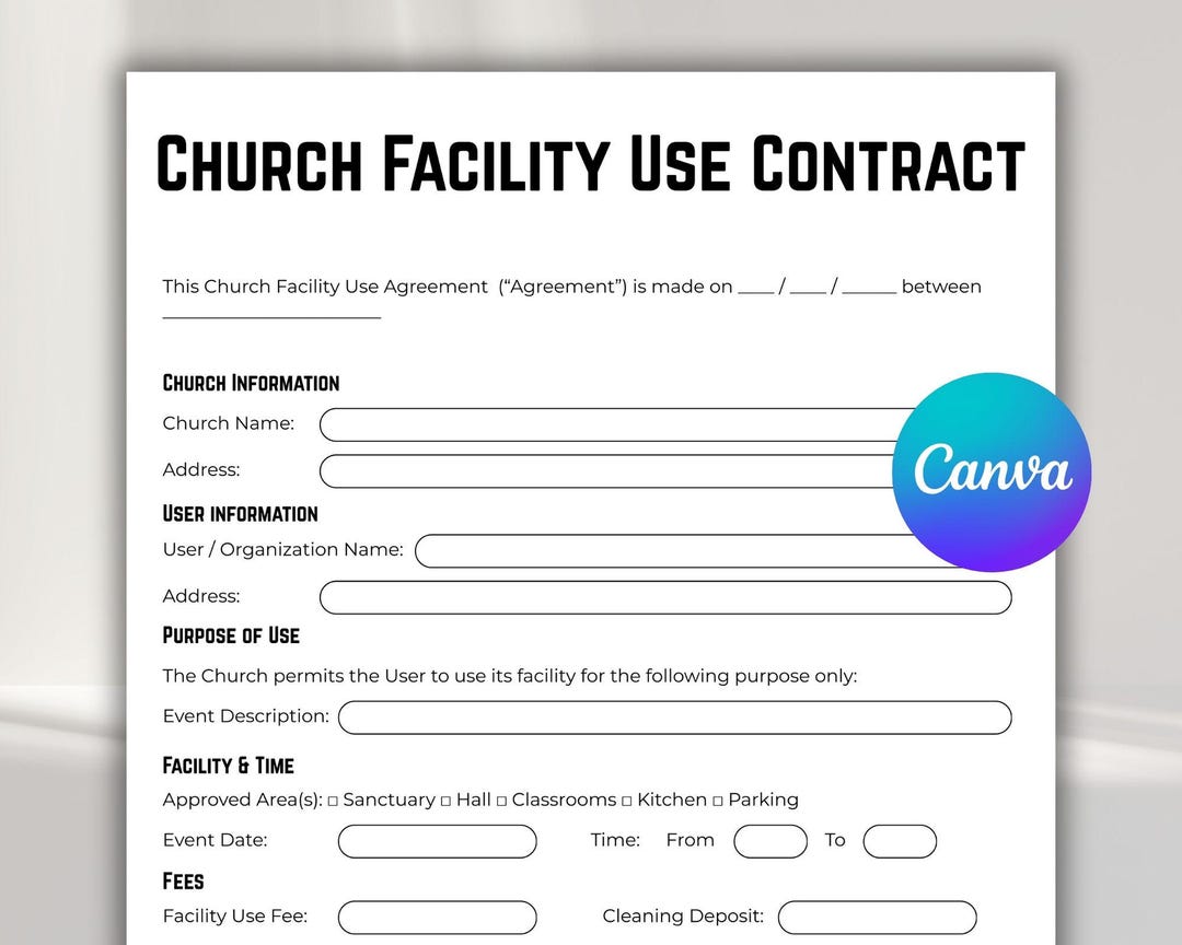 Church Facility Use Agreement Template, Editable Church Rental Contract ...