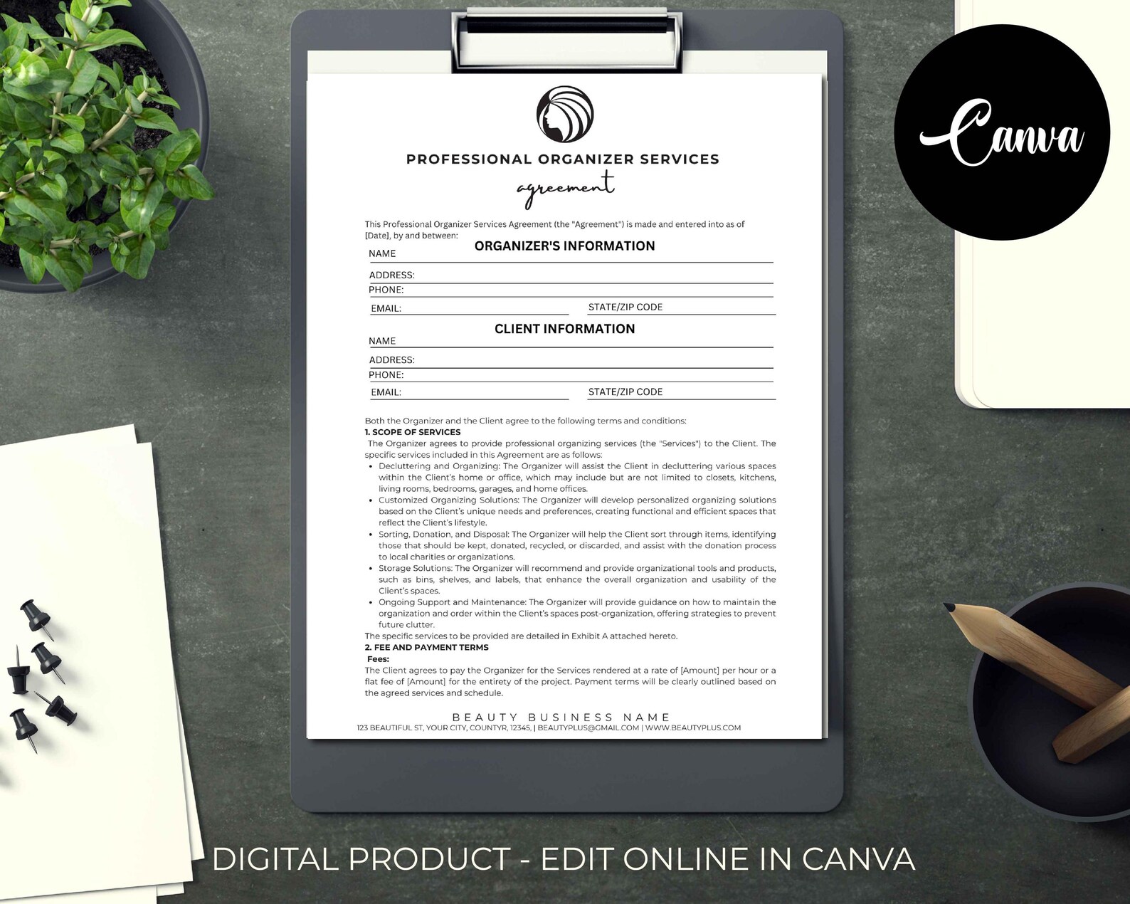 Editable Professional Organizer Contract Template, Organizing Service ...