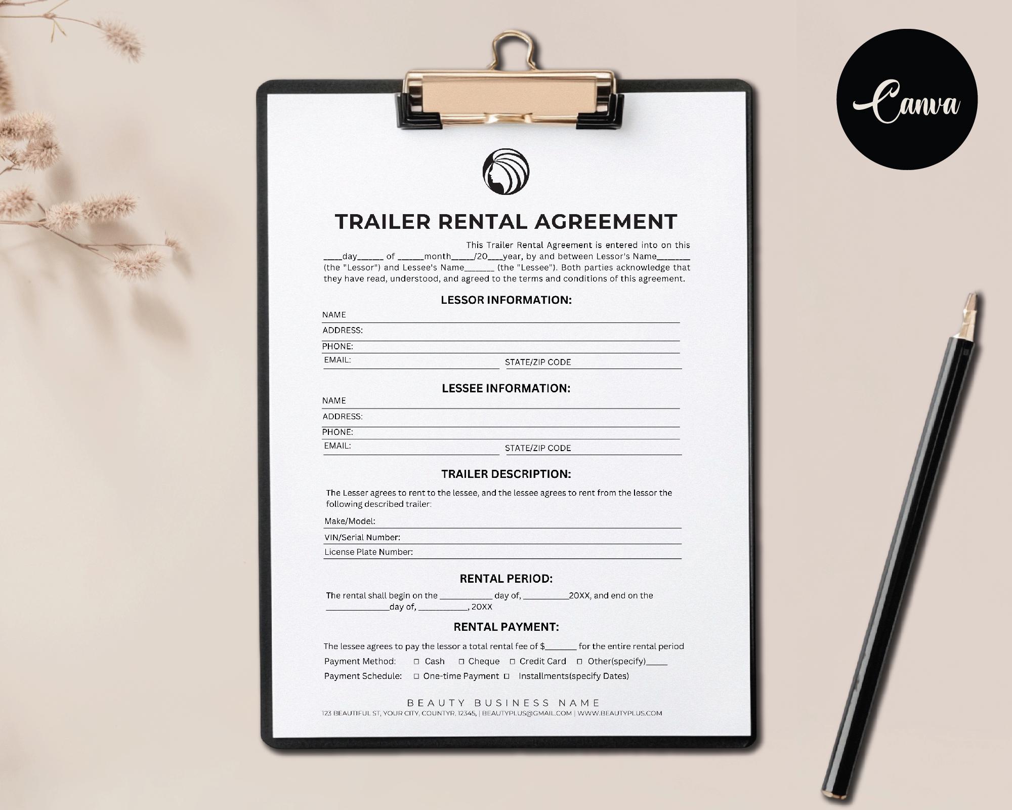 Editable Trailer Rental Agreement, Trailer Lease Contract, Dump Trailer ...