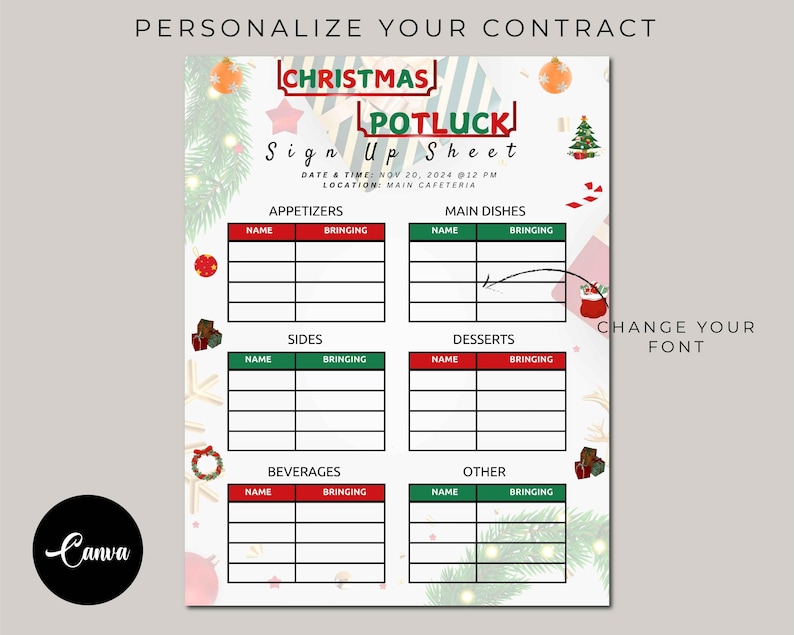 EDITABLE Christmas Potluck Sign up Sheet, Holiday Potluck Sign up Sheet ...