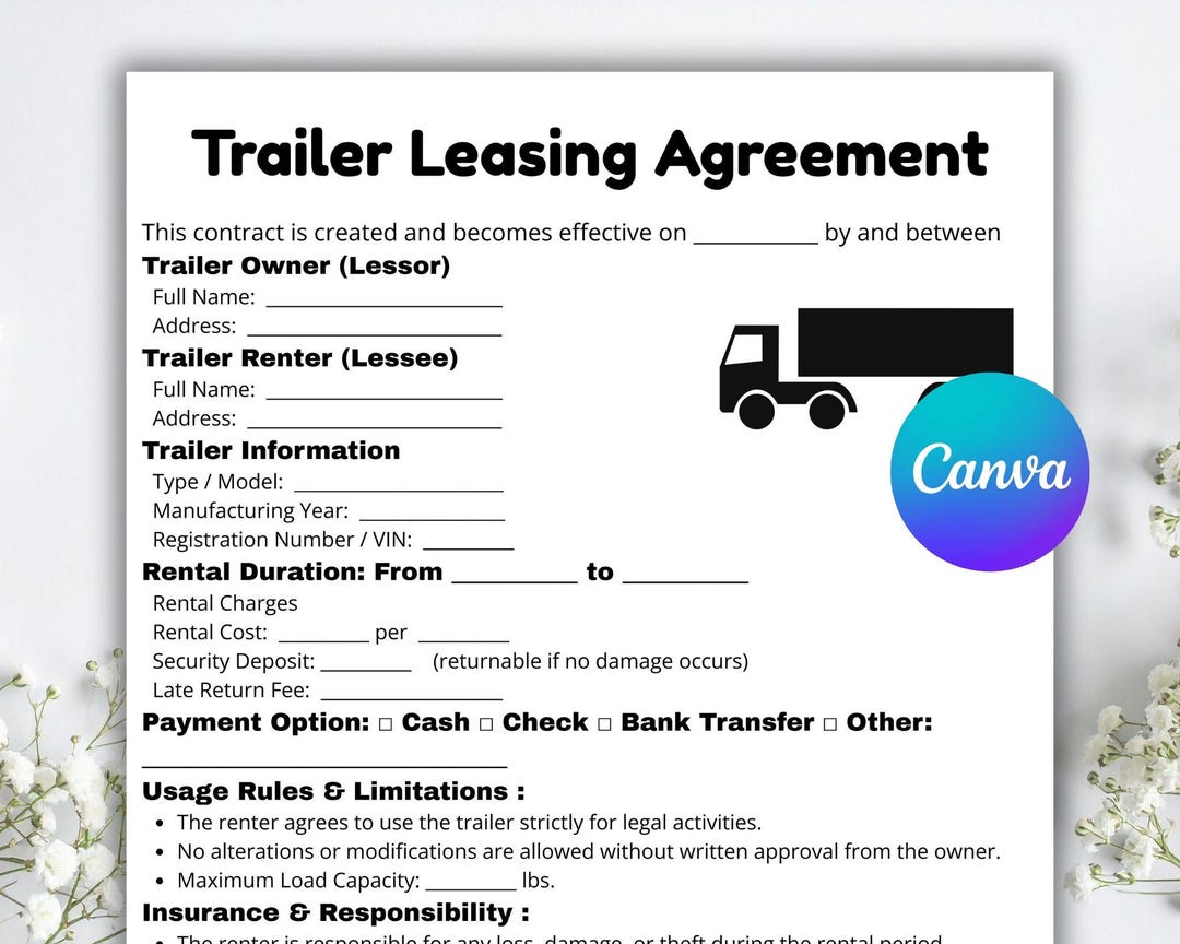 Editable Trailer Rental Agreement Template, Trailer Lease Contract ...