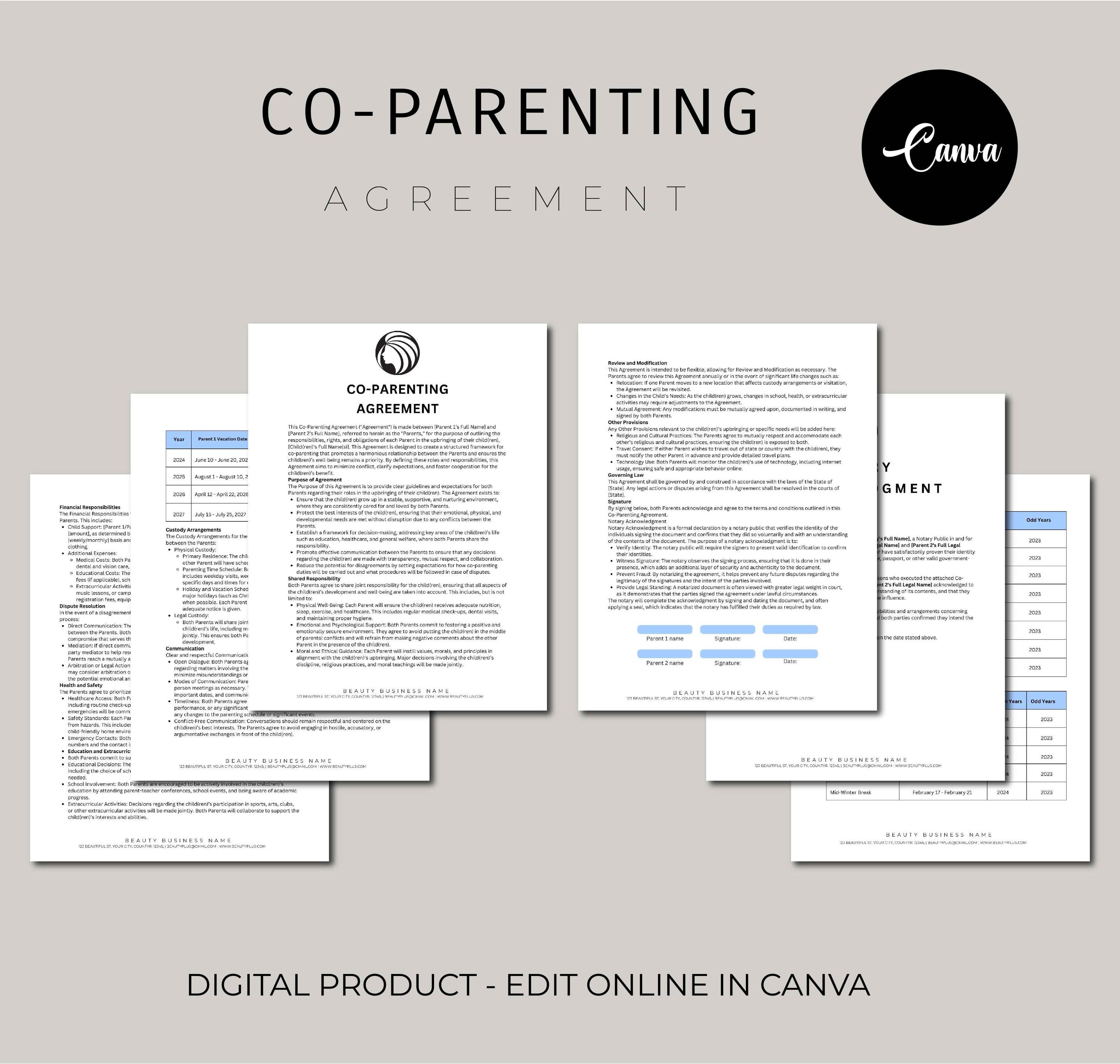 Co-parenting Agreement Template, Joint Custody Agreement, Custody and ...