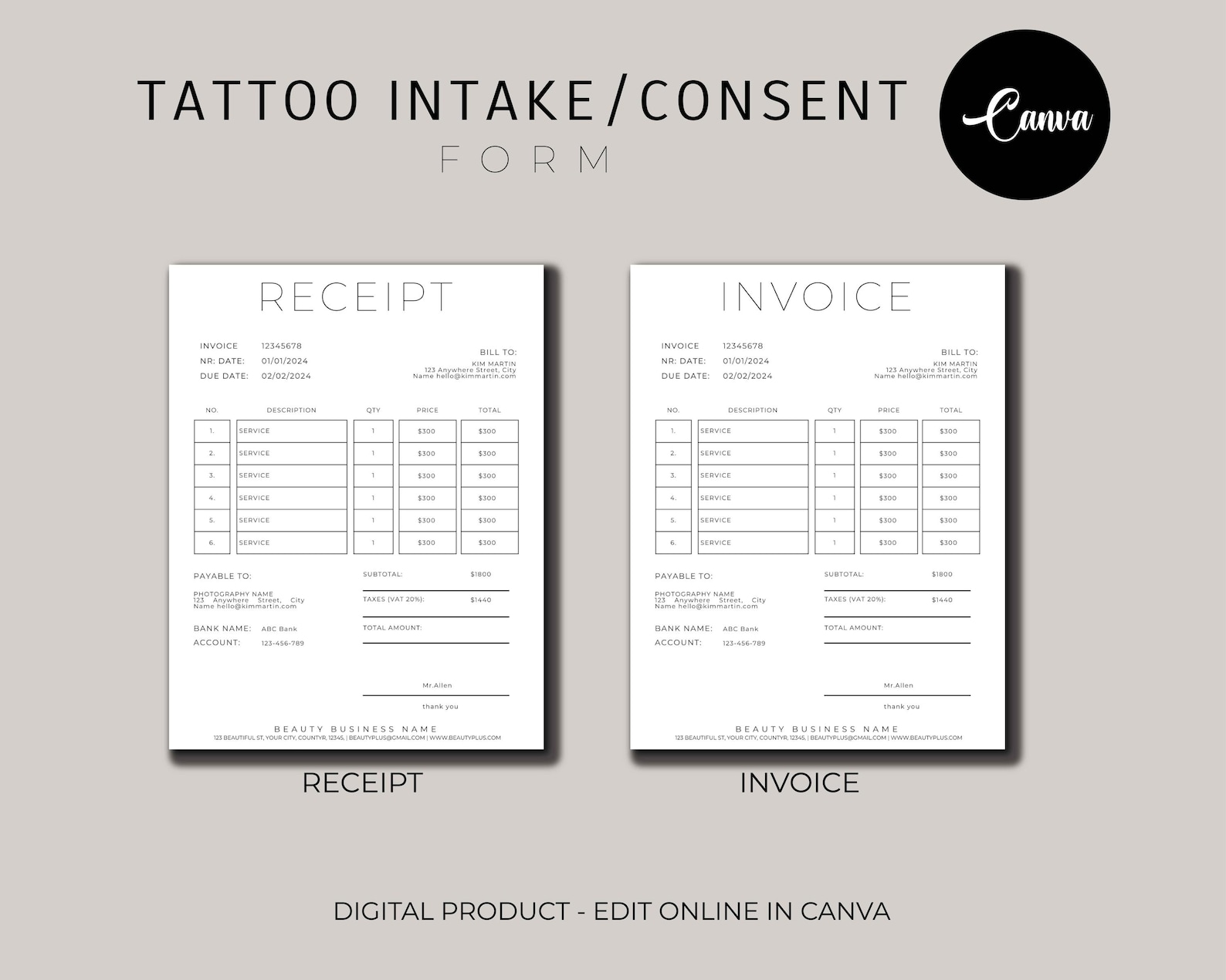 Tattoo Artist Forms Bundle - Editable, Tattoo Artist Business Forms ...