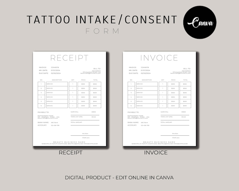 Tattoo Artist Forms Bundle - Editable, Tattoo Artist Business Forms ...