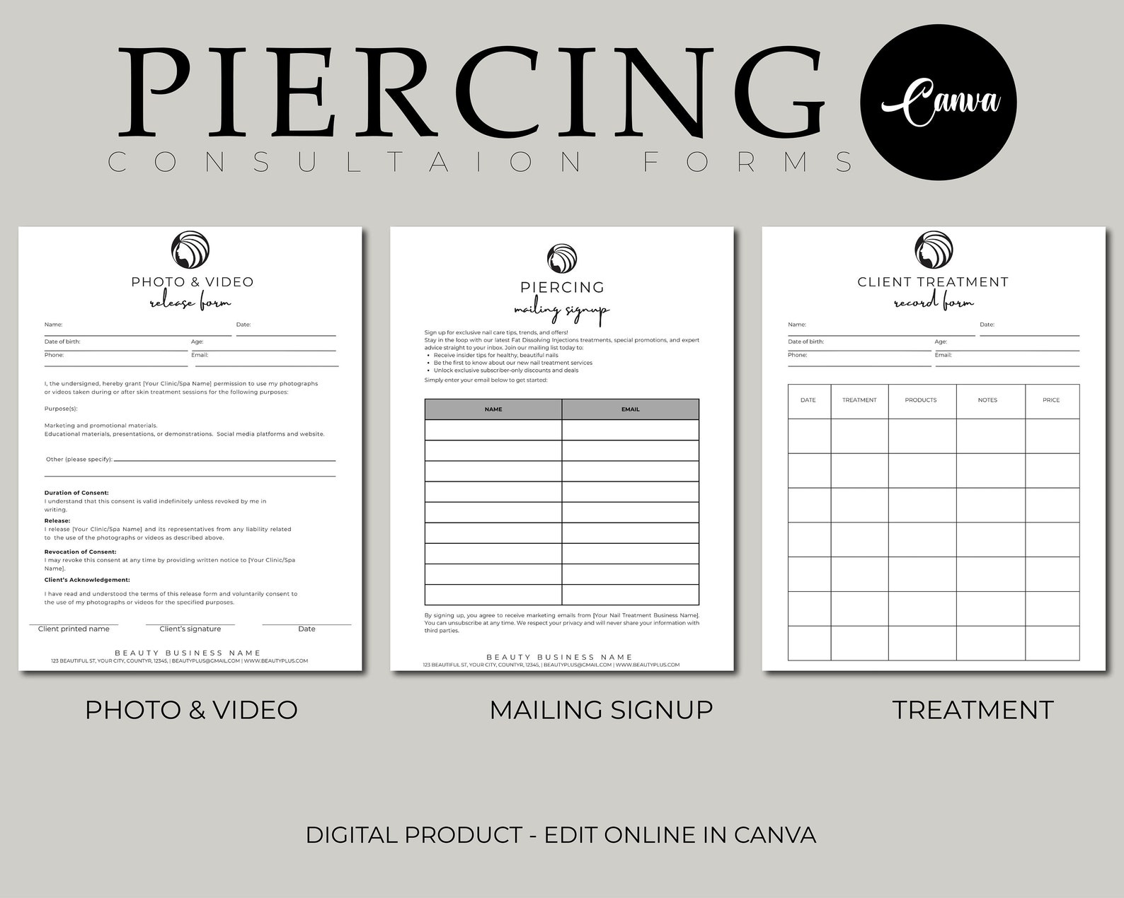 Body Piercing Consent Form, Ody Modification, DIY Editable Canva ...