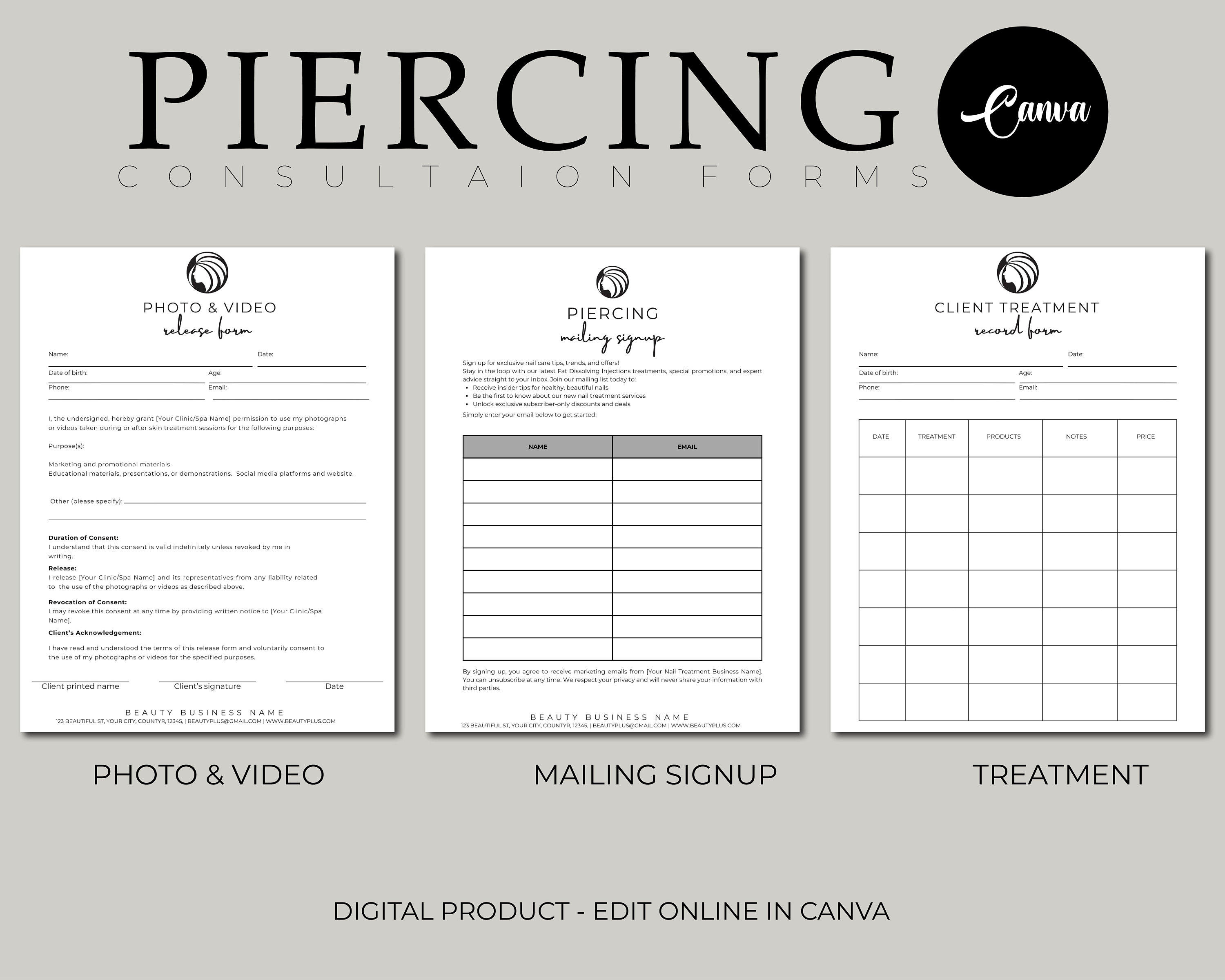 Body Piercing Consent Form, Ody Modification, DIY Editable Canva ...