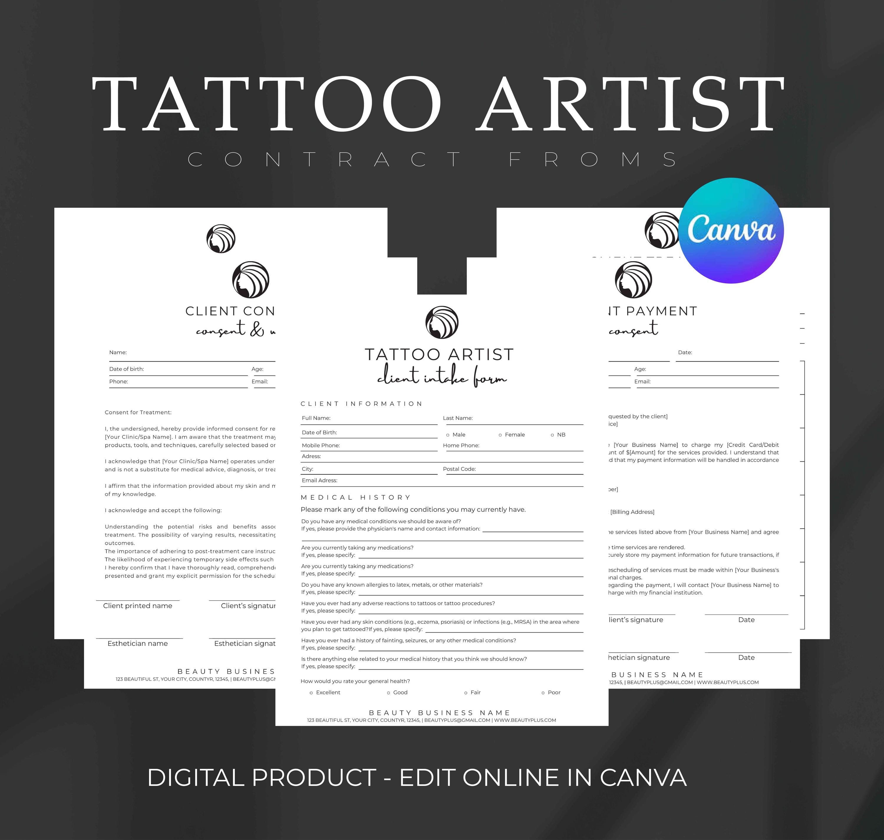 Editable!, Tattoo Artist Forms Bundle, Tattoo Consent Form, Tattoo ...