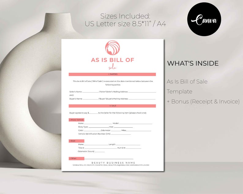 Editable As-is Bill of Sale Template, Vehicle Bill of Sale Template ...