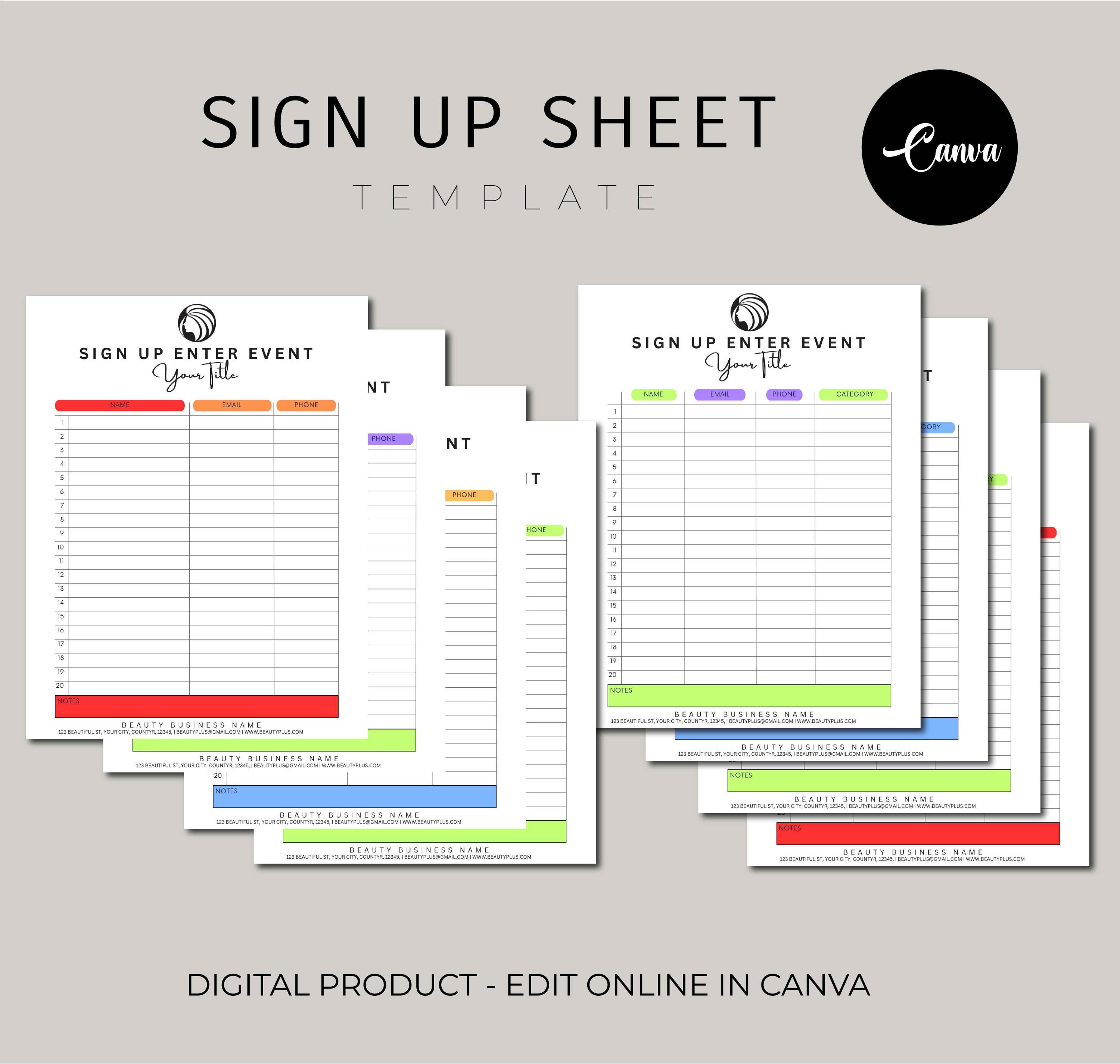 Editable Sign up Sheet Template, Event Sign up Sheet, Sign up List ...