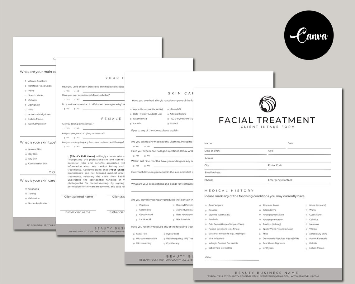 Facial Treatment Forms, Editable Esthetician Templates, Printable ...