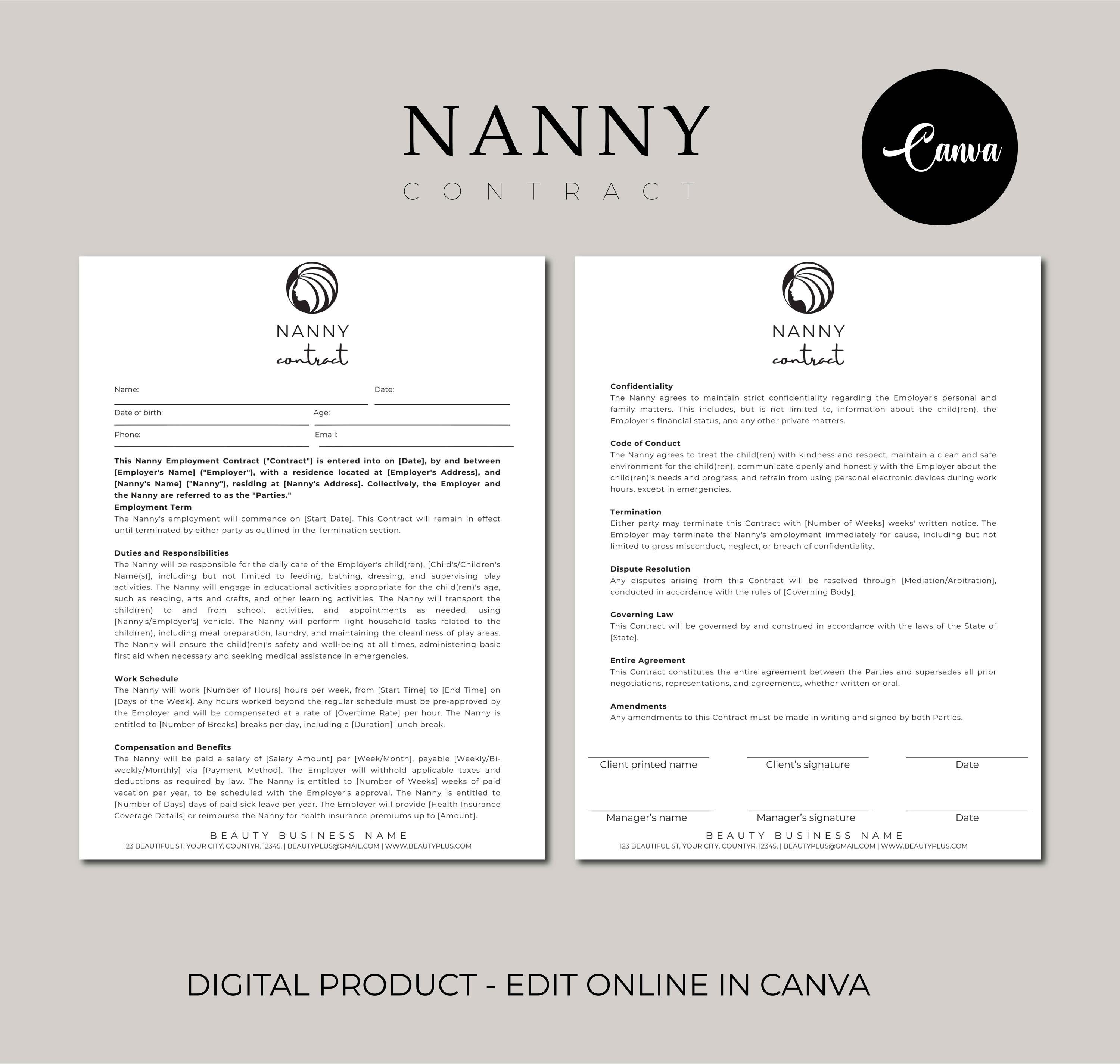 Editable Nanny Contract Template, Nanny Agreement Worksheet, Childcare ...