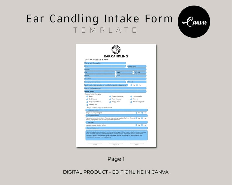 Ear Candling Intake Form, Consent Form, Editable Ear Candling Intake ...
