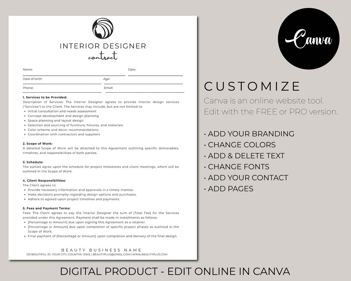 Interior Designer Contract Template, Client-designer Agreement Template ...