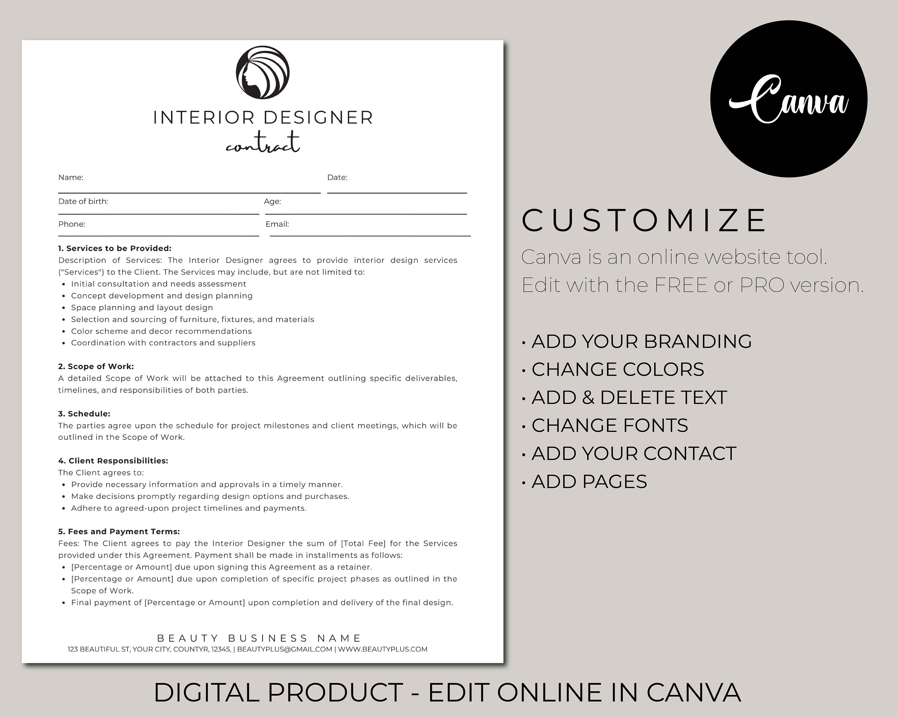 Interior Designer Contract Template, Client-designer Agreement Template ...