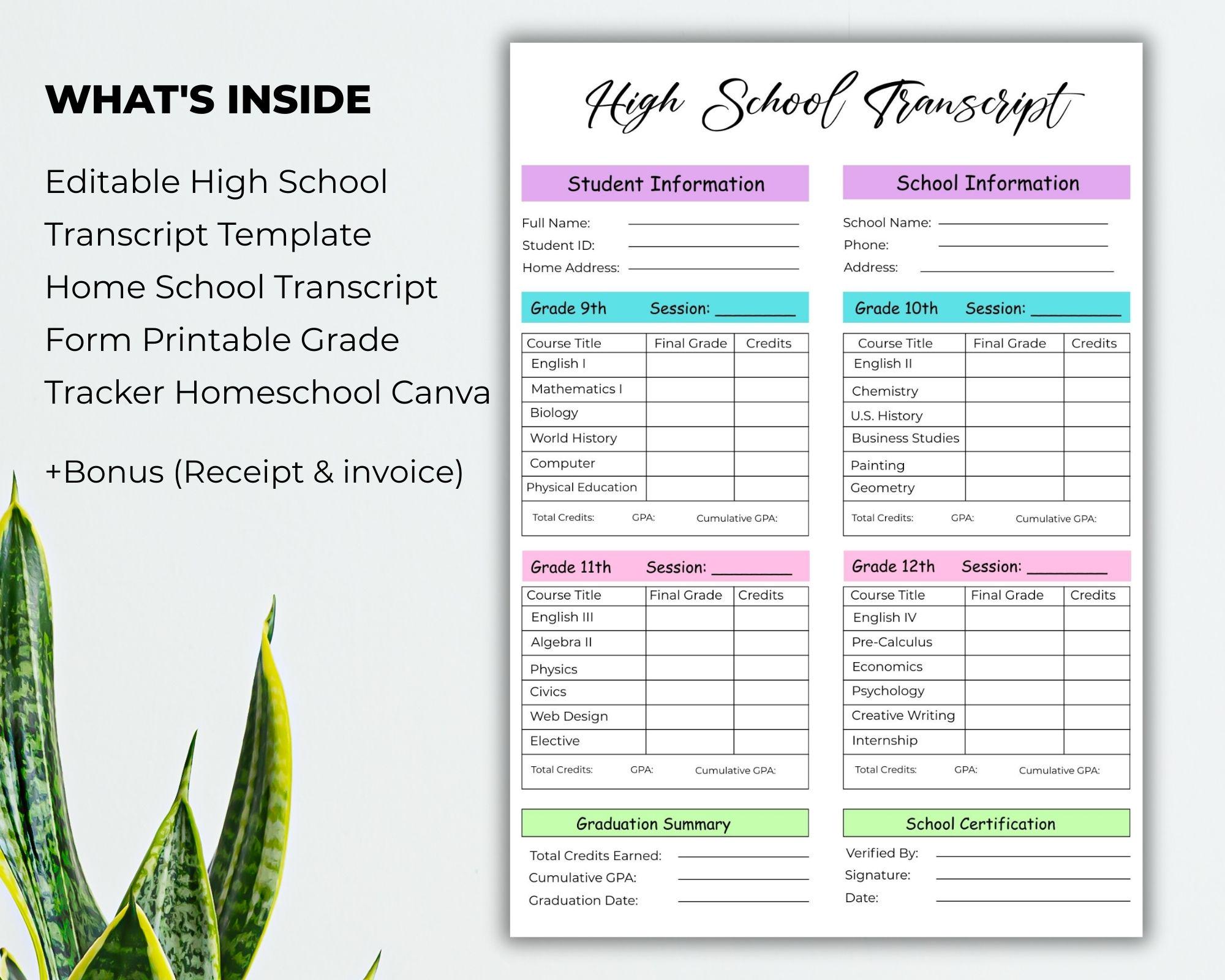 High School Transcript Template, Editable Home School Report Card ...