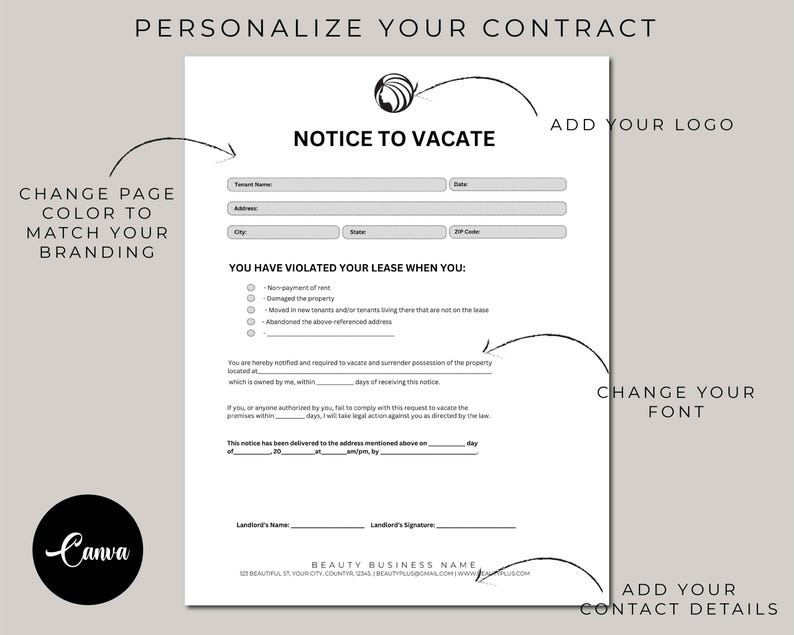 Landlord Notice to Vacate to Tenant, Eviction Notice, Editable Canva ...