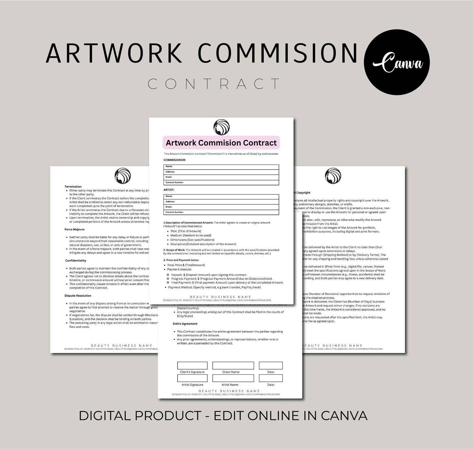 Artist Commission Contract, Customizable and Printable Agreement for ...