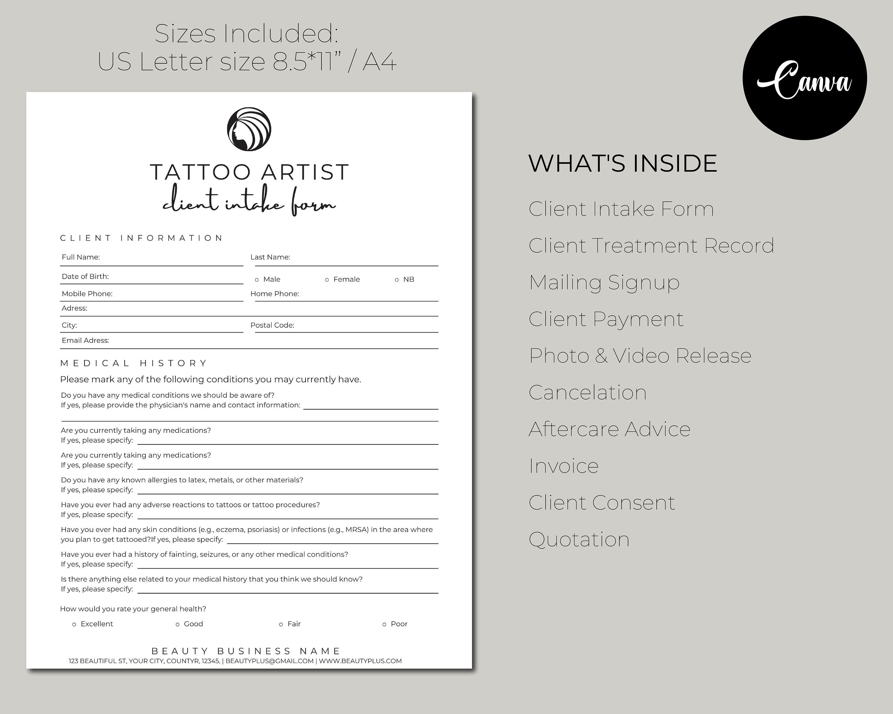 Tattoo Artist Forms Bundle - Editable!, Tattoo Consent Form, Tattoo ...