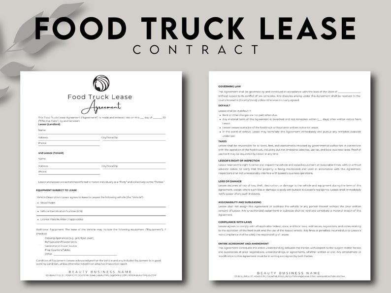 Food Truck Lease Agreement, Food Vendor Contract, Catering Truck Rental ...