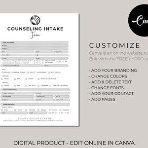 Counseling Intake Form, Mental Health Intake Form Template, Informed ...