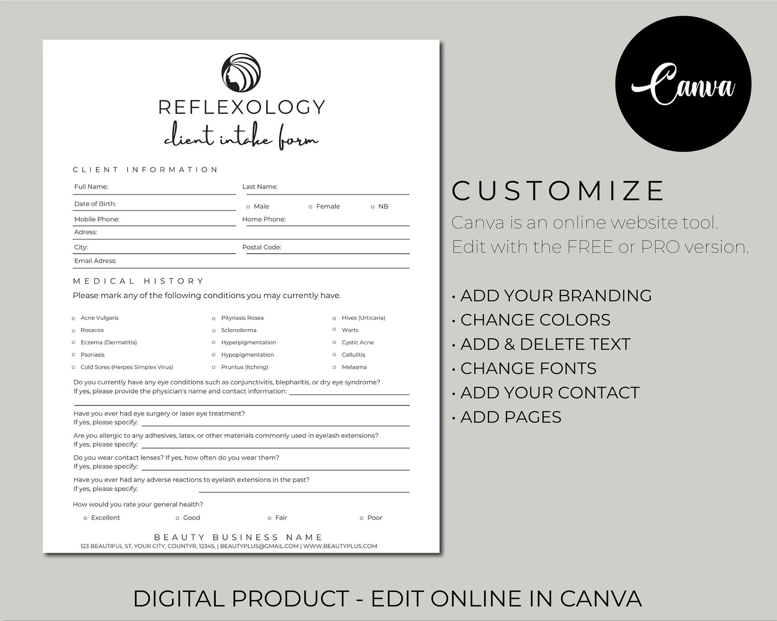 Editable Reflexology Intake Form, Massage Consultation Form, Foot ...