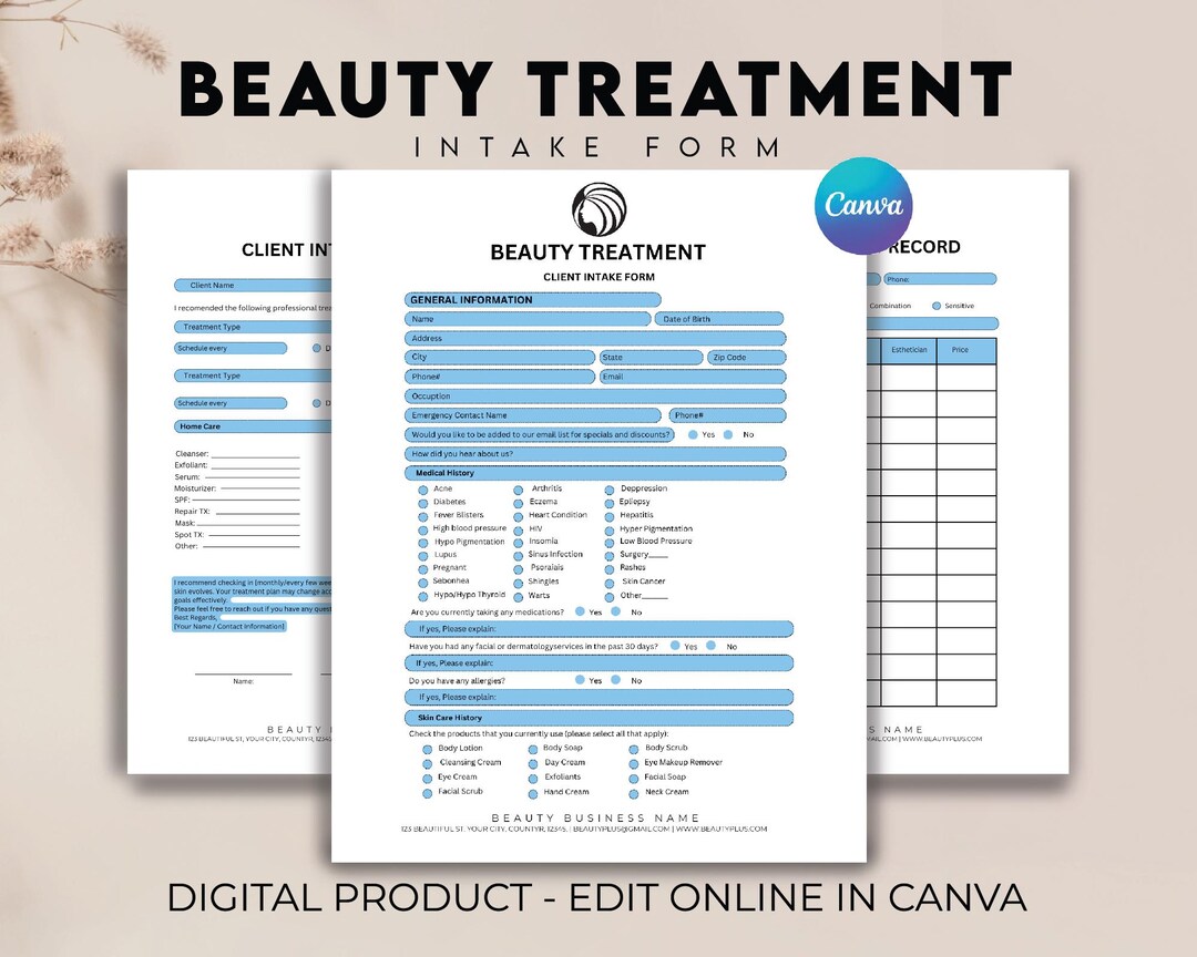 Beauty Treatment Client Record Card, Treatment Record Card, Beauty ...
